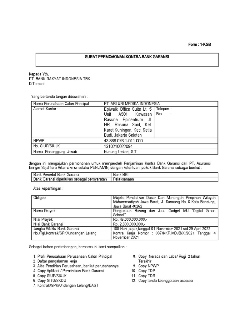 Form 1 - KGB (SURAT PERMOHONAN KONTRA GARANSI BANK) PT. ARLUBI | PDF