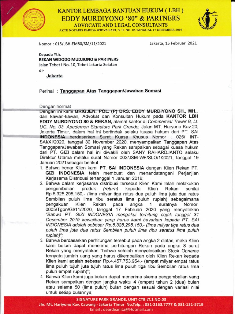 Draft Surat Tanggapan Somasi | PDF