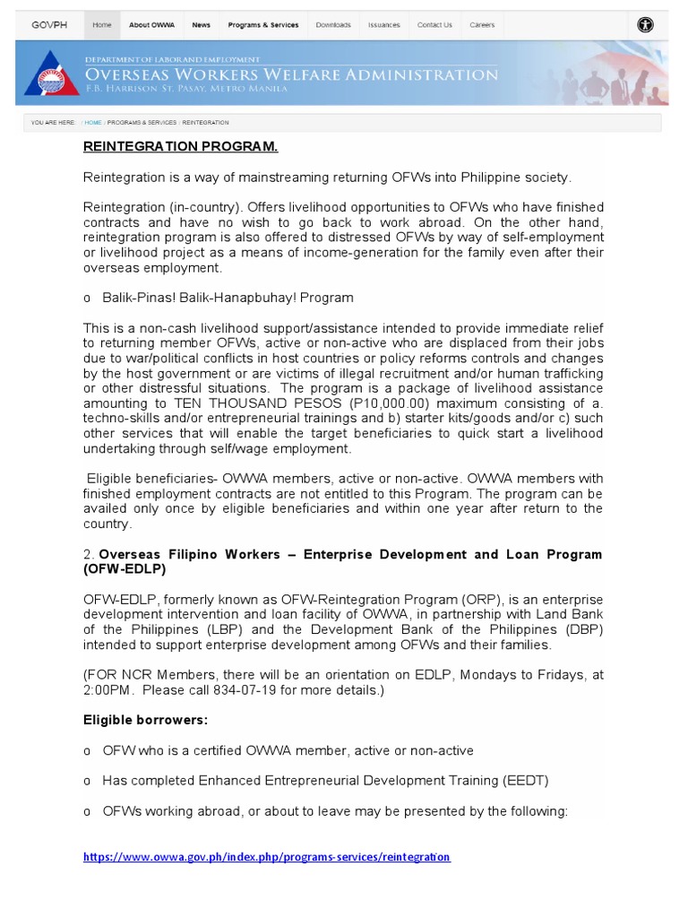 Reintegration Program (OWWA) | PDF | Loans | Debt