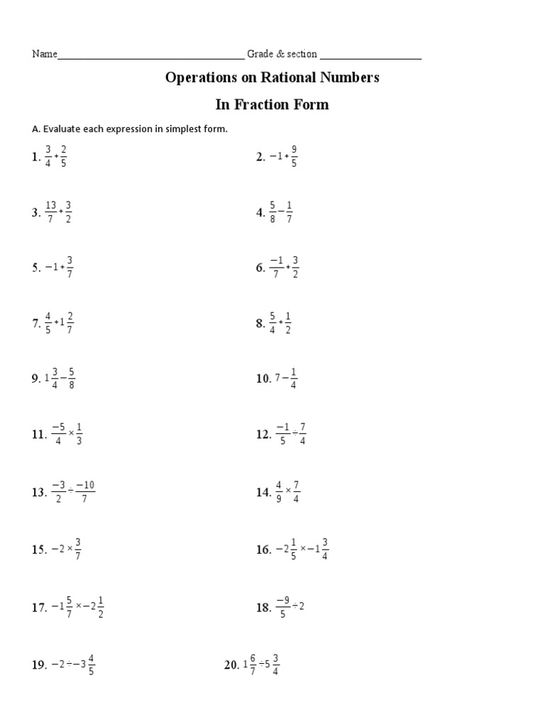Operations On Rational Numbers in Fraction Form | PDF
