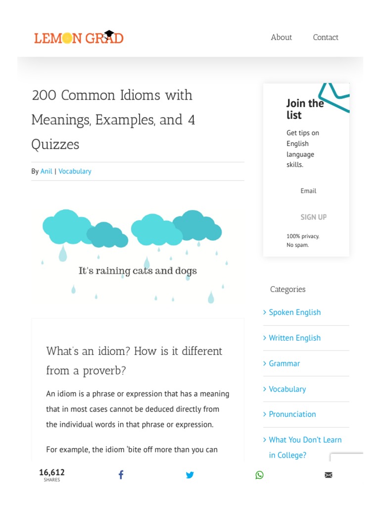 200 Common Idioms With Meanings, Examples, and 4 Quizzes - Lemon Grad ...