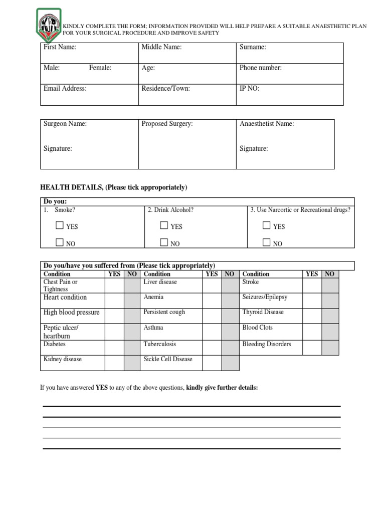 Preoperative Anesthesia Assessment Form | PDF | Surgery | Anesthesia