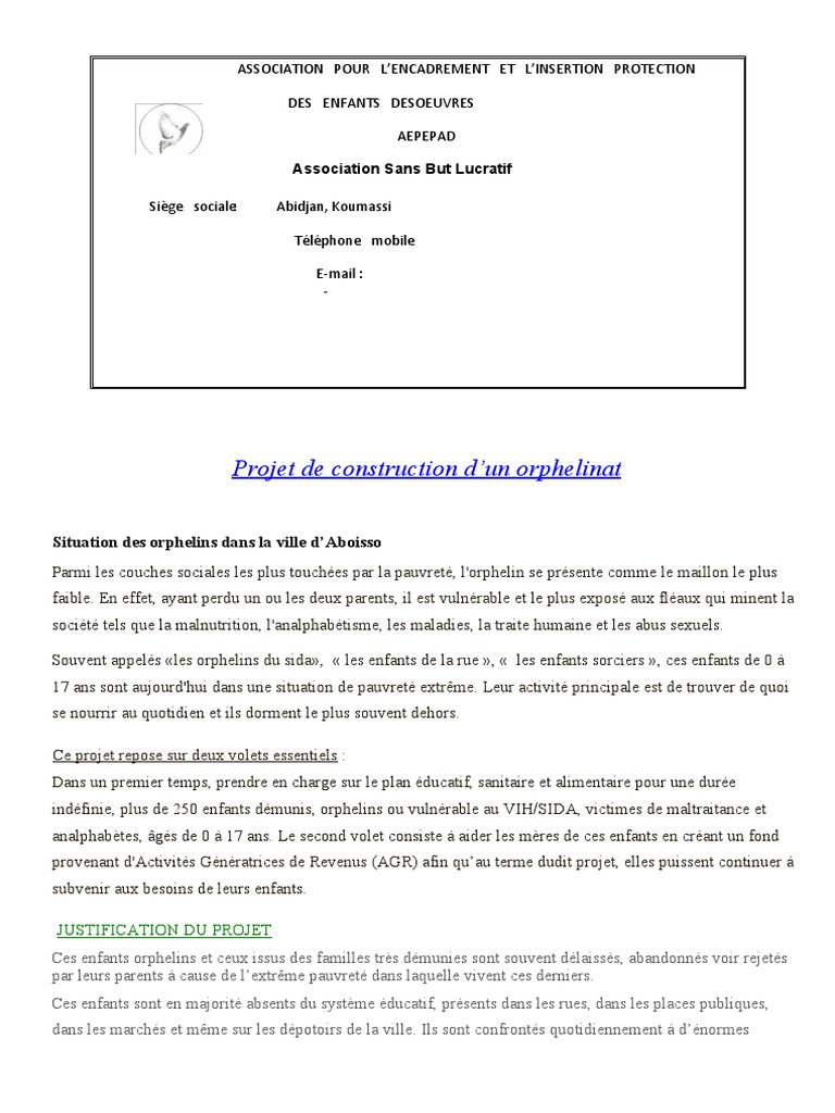 Projet de Construction Orphelinat Flo | PDF | Pauvreté | Pauvreté et ...