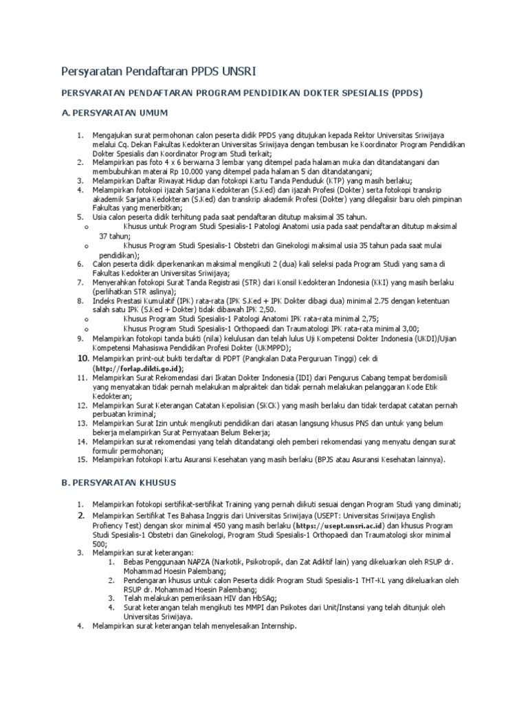 Persyaratan Pendaftaran PPDS UNSRI | PDF