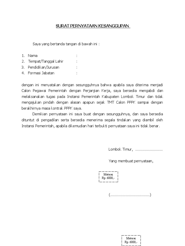 Format SURAT PERNYATAAN KESANGGUPAN PPPK | PDF