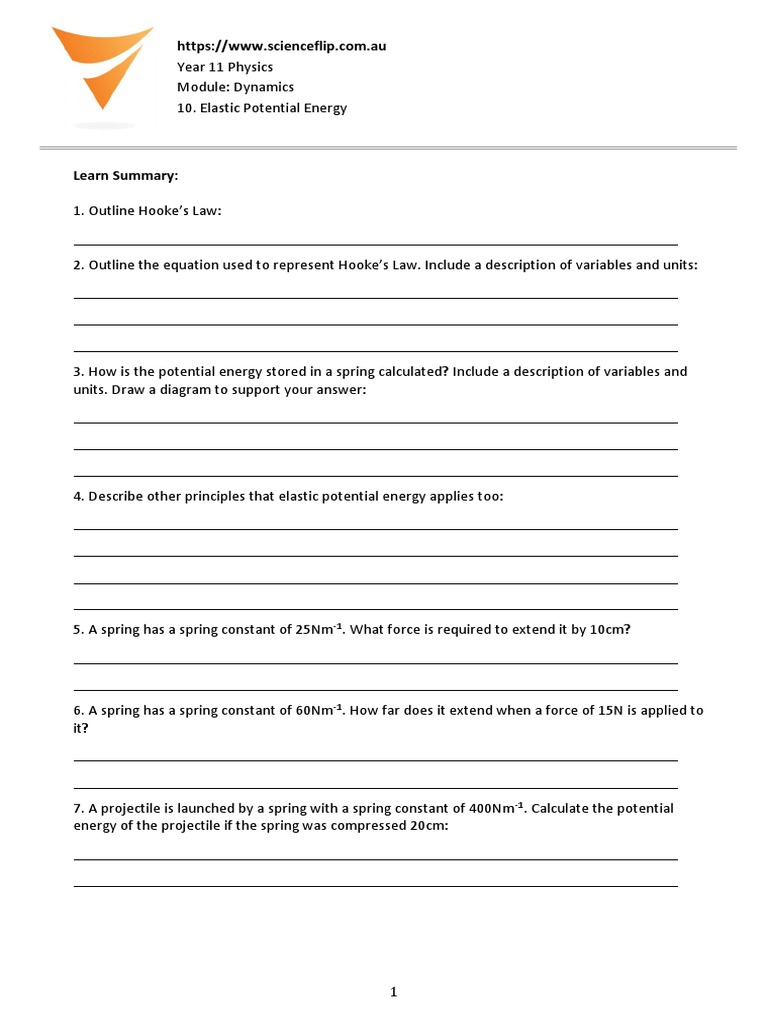 Elastic Potential Energy | PDF