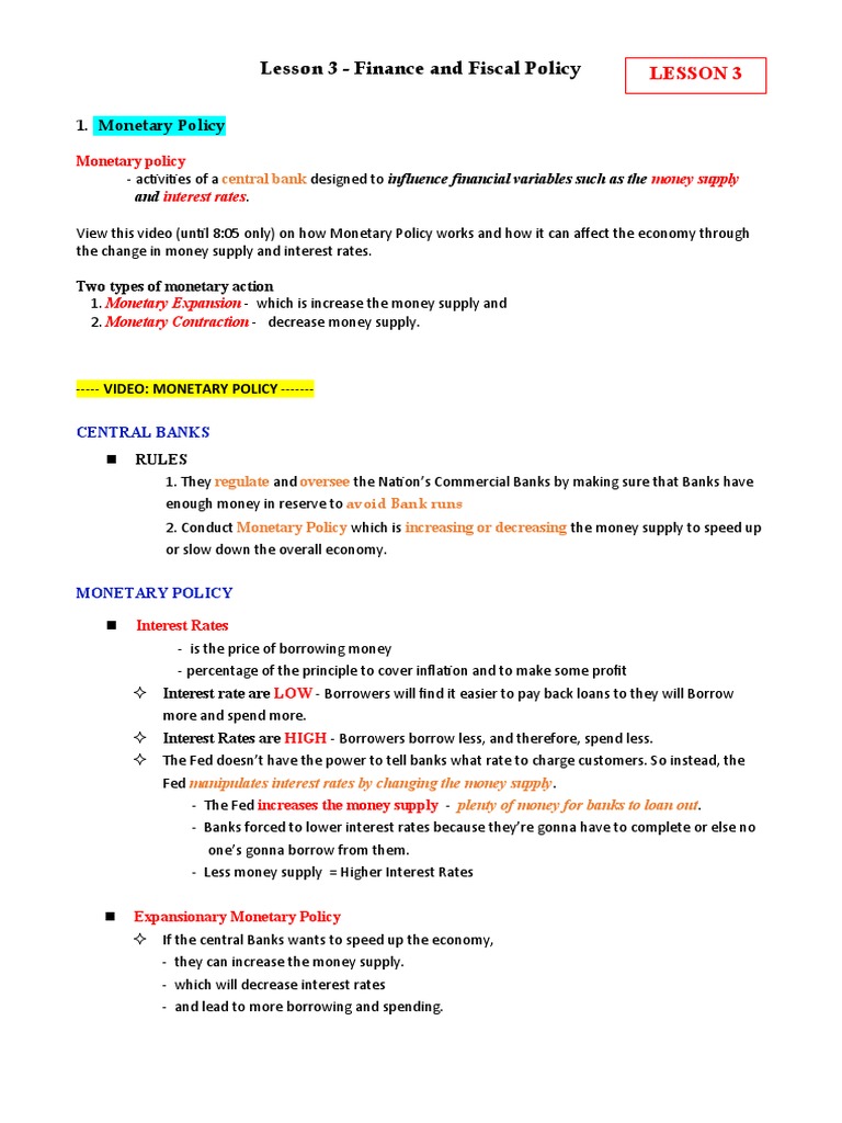 Lesson 3 - Understanding Monetary and Fiscal Policies | PDF | Deficit ...