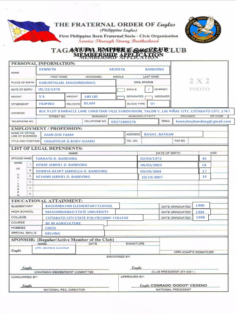 Ayuda Empire Eagles Club: Membership Application | PDF