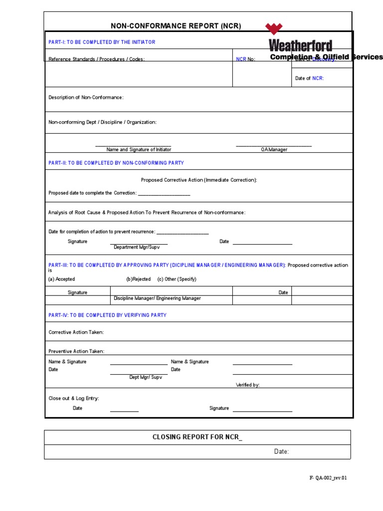 Non-Conformance Report (NCR) : Part-I: To Be Completed by The Initiator ...
