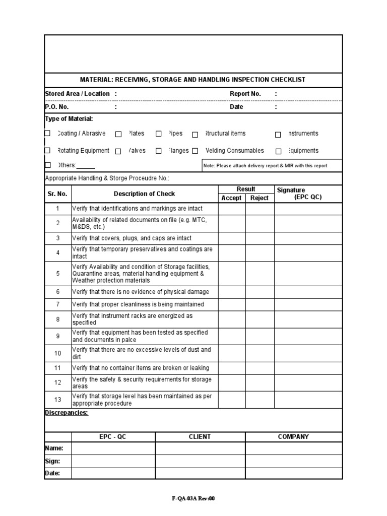 F-Qa-03a Material - Receiving - Storage and Handling Inspection ...