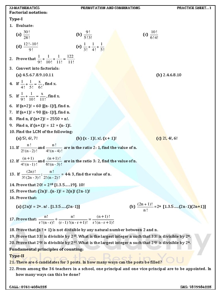 Factorial Notation Type I Xi Mathematics Permutation And Combinations Practice Sheet 1 Pdf