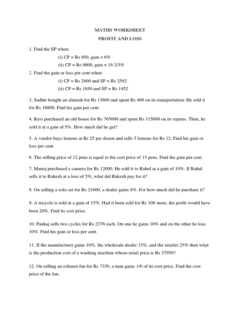 Profit and Loss Worksheet For Grade 7 | PDF