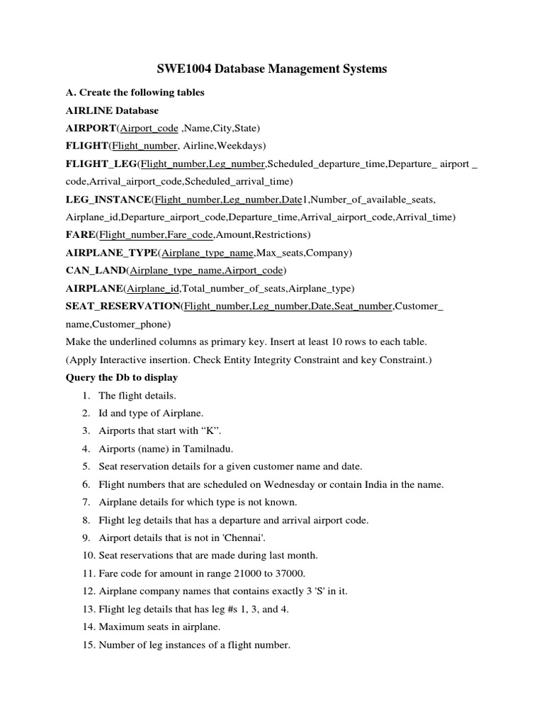 Queries and Alterations to Tables in an Airline Database Management ...