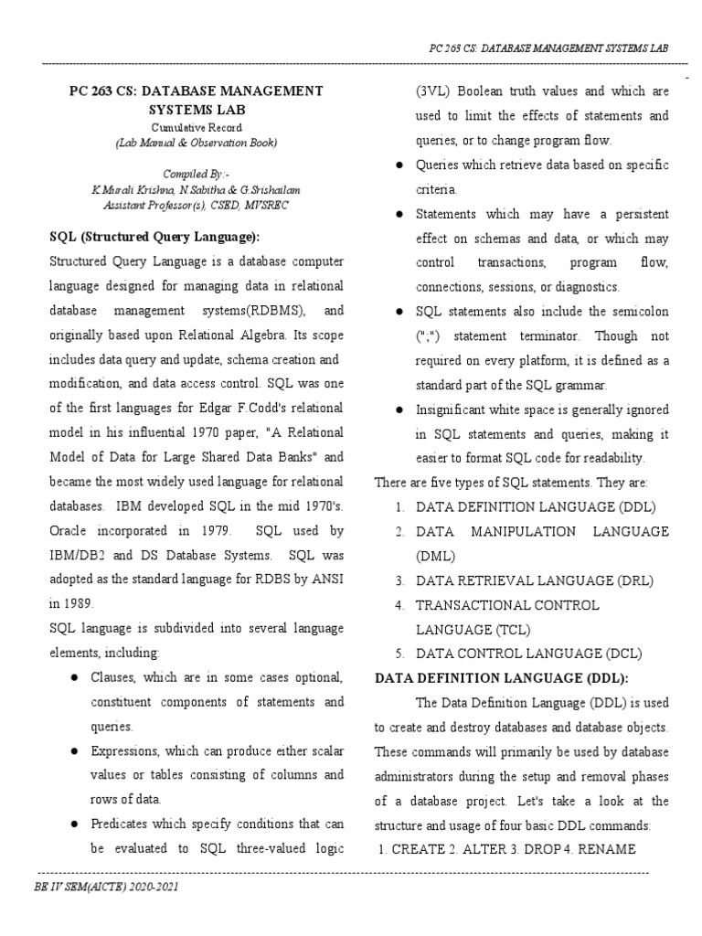 DBMS Lab Record 2020-21 | PDF | Subroutine | Databases