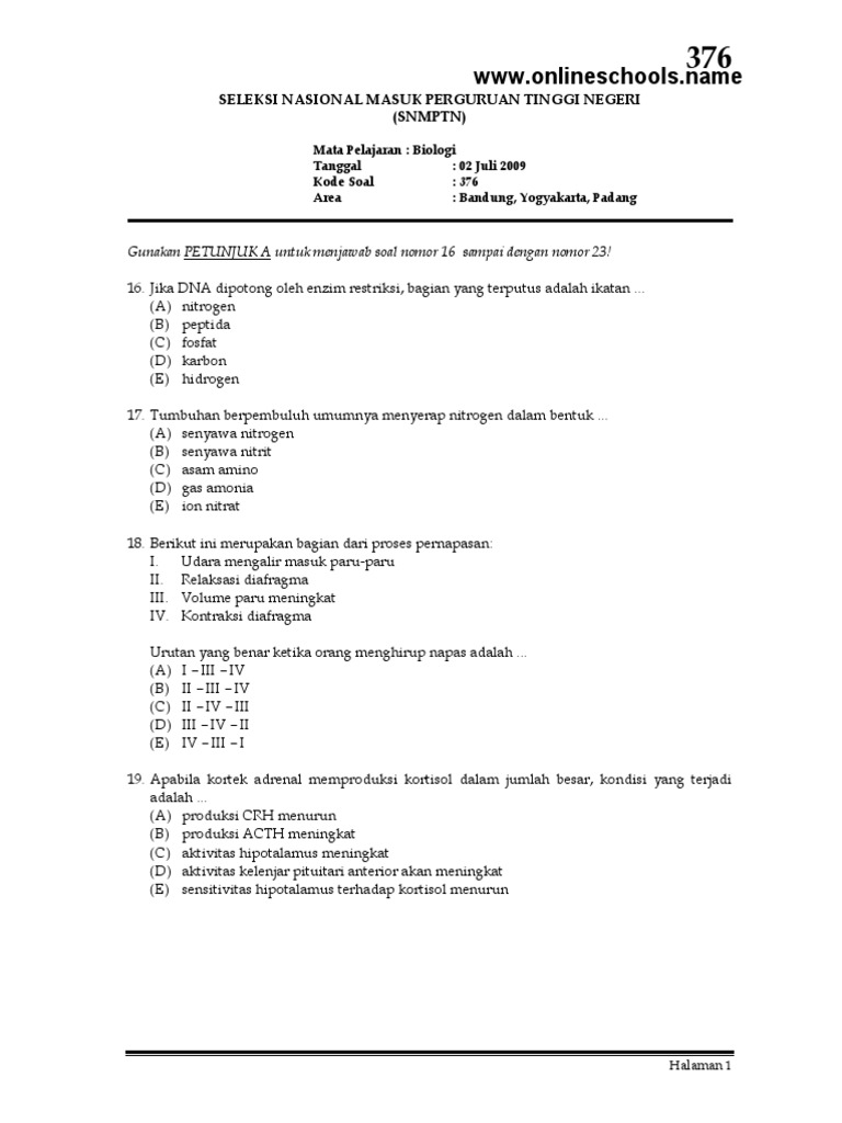 Soal Biologi SNMPTN 2009 Kode 376 | PDF