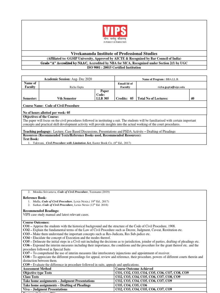 Lesson Plan - CPC BBA LLB - Aug 2020 | PDF | Lawsuit | Appeal