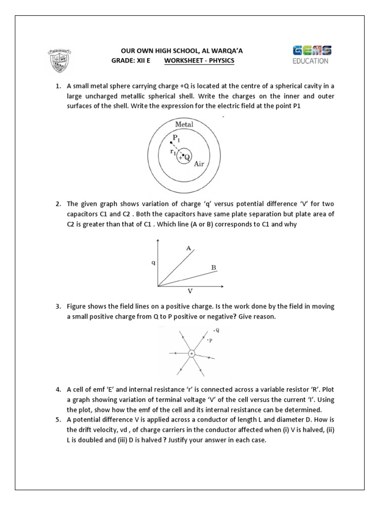 Our Own High School, Al Warqa'A Grade: Xii E Worksheet - Physics | PDF ...