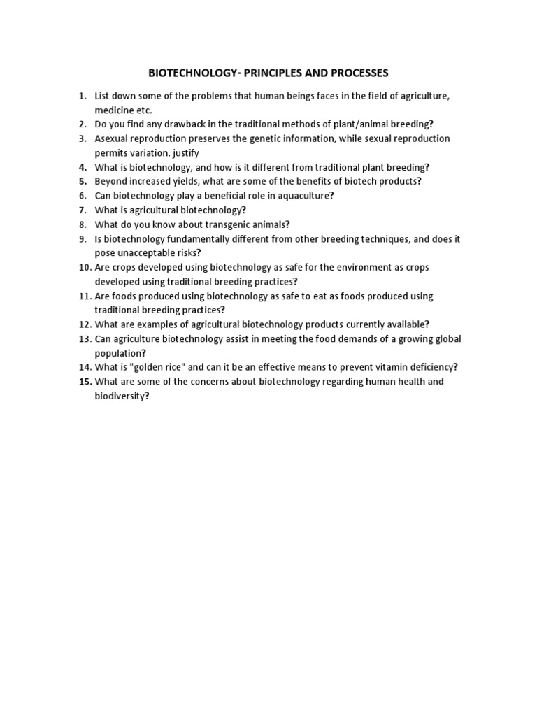 BIOTECHNOLOGY - Questions For The Class | PDF