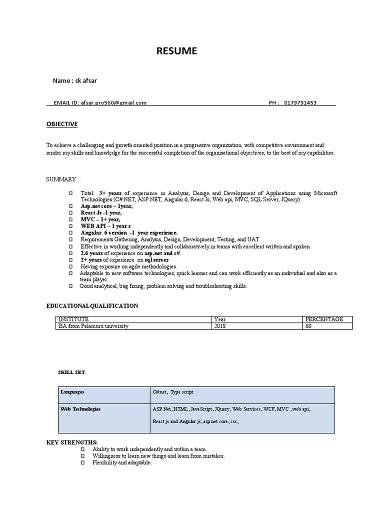 Resume: Name: SK Afsar | PDF | Microsoft Sql Server | Web Application