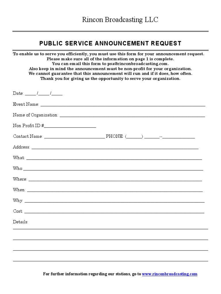 Rincon Broadcasting LLC: Public Service Announcement Request | PDF