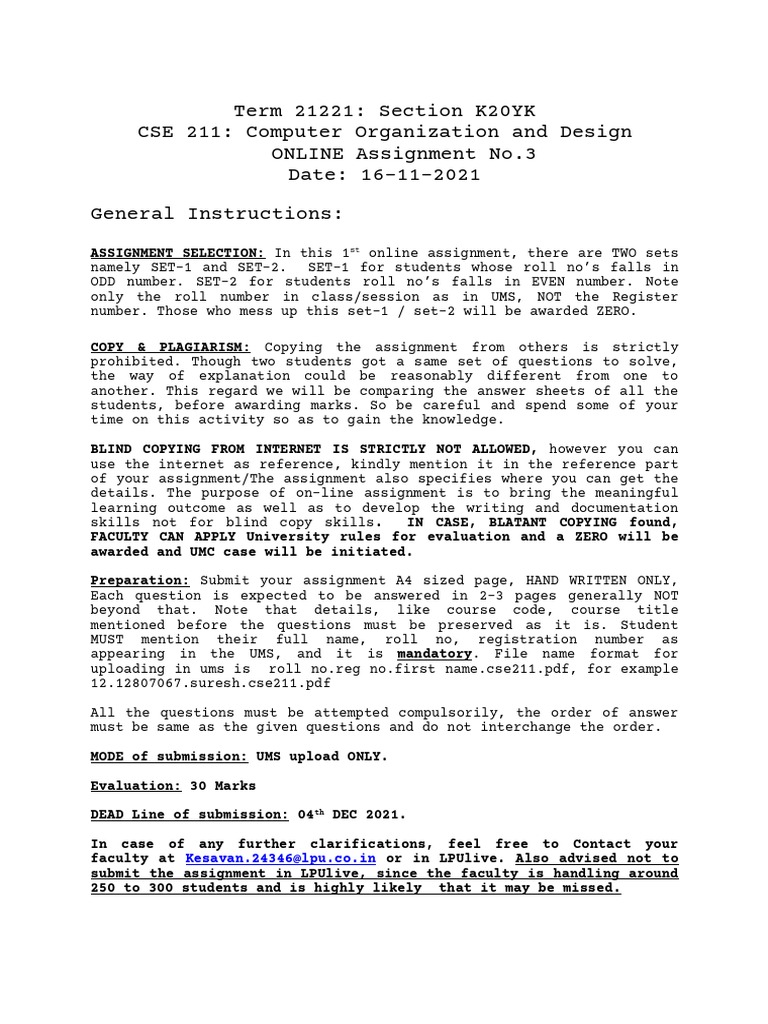 Term 21221: Section K20YK CSE 211: Computer Organization and Design ONLINE Assignment No.3 Date ...