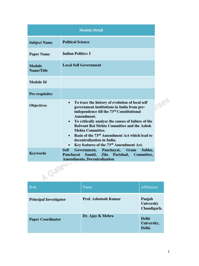 Local Self Government Module | PDF | Government | Government Of India