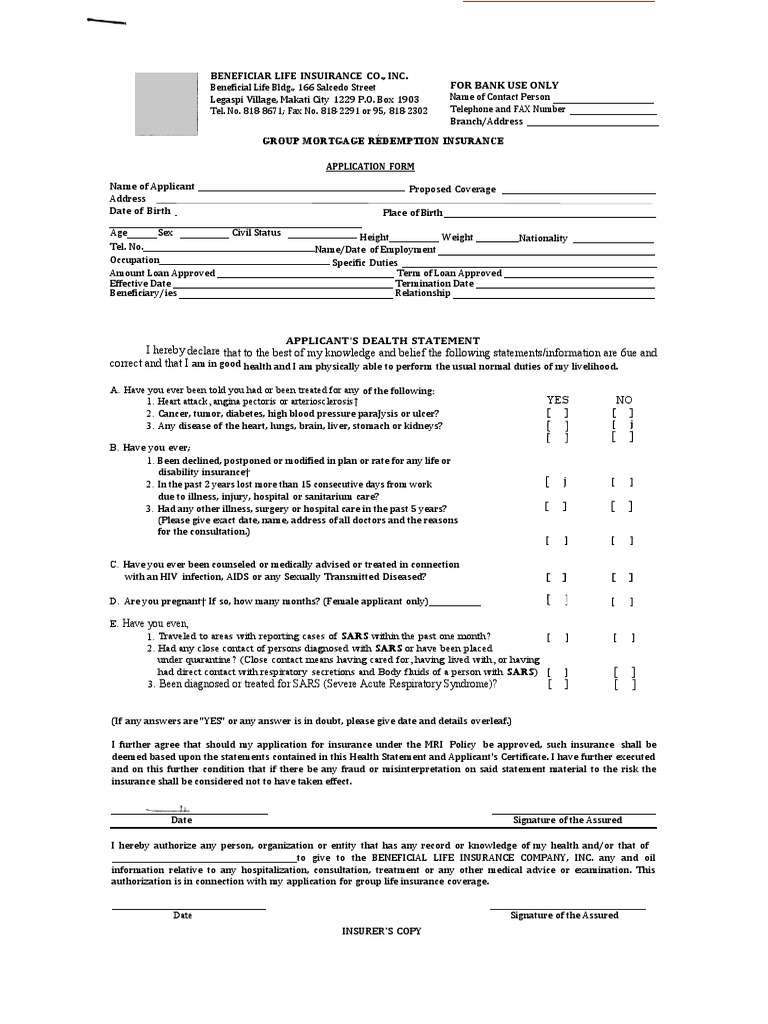 Group Mortgage Redemption Insurance Form | PDF | Hiv/Aids | Insurance