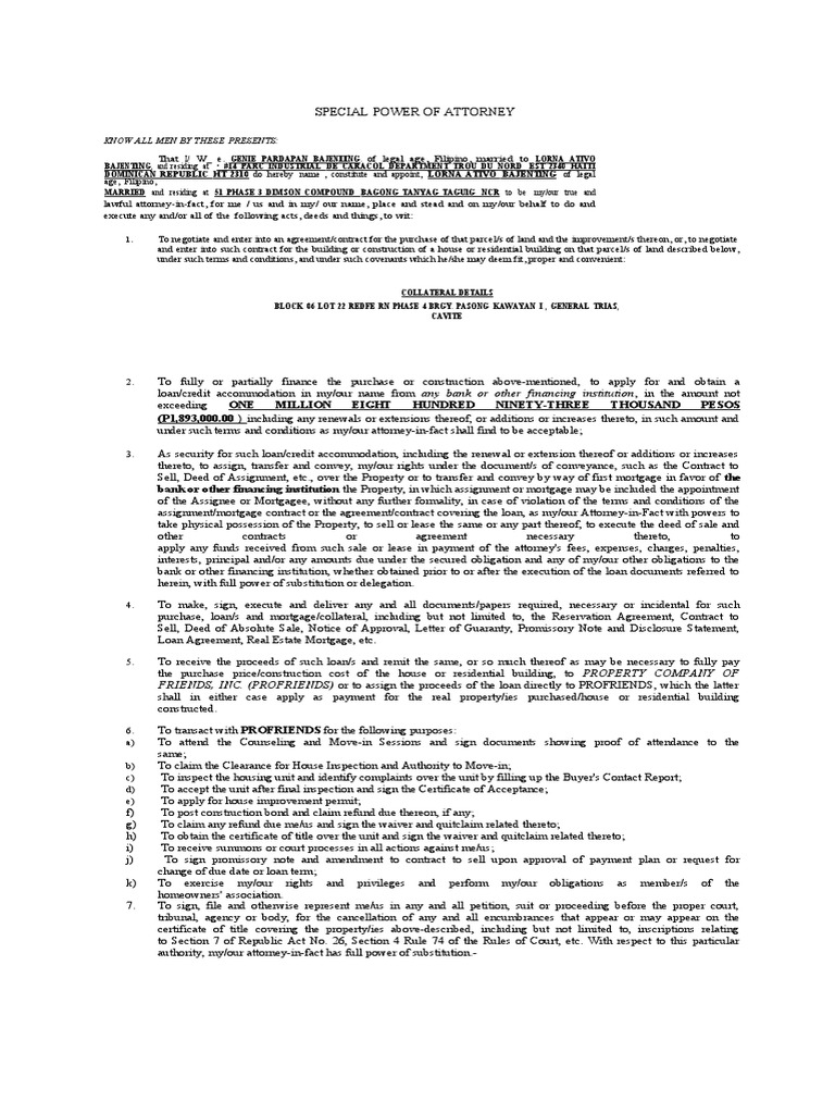 Special Power of Attorney | PDF | Mortgage Law | Assignment (Law)