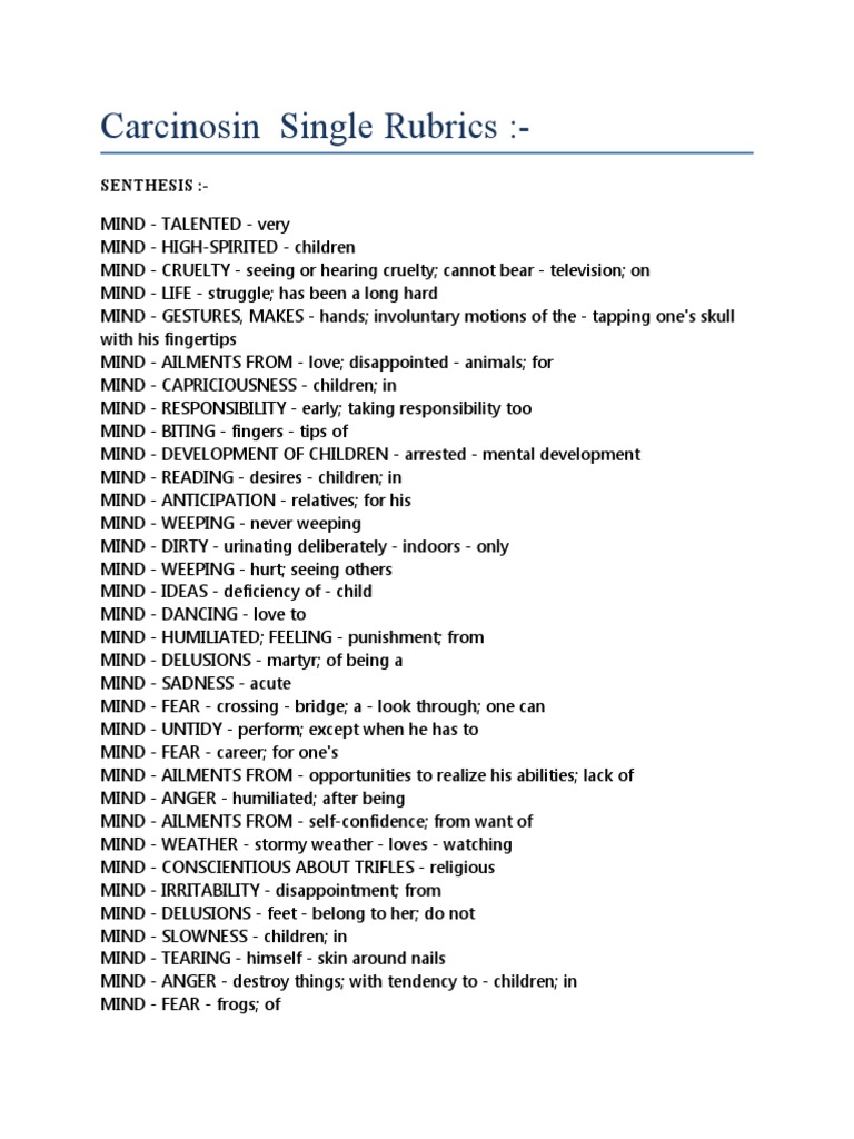 Carcinosin Single Rubrics | PDF | Psychology | Psychological Concepts