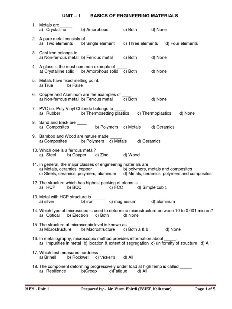 MEM - CH - 1 - MCQs | PDF | Crystal Structure | Hardness