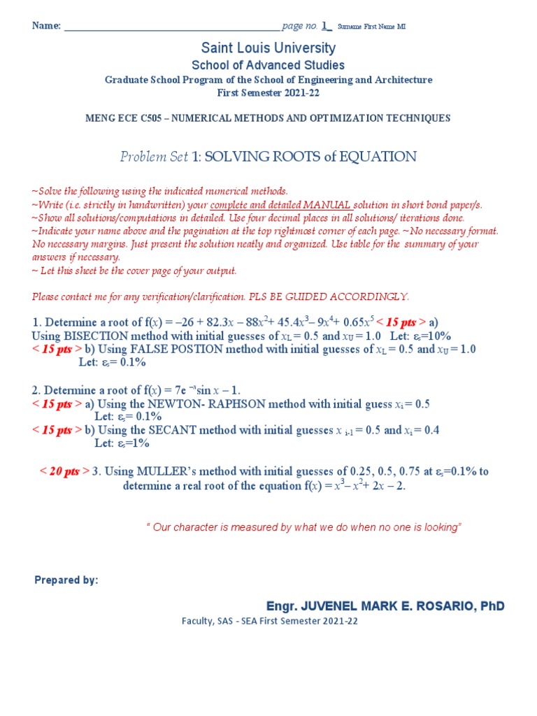 Problem Set 1: Solving Roots of Equation: Saint Louis University | PDF ...