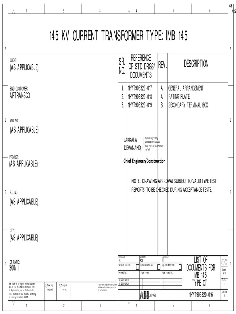 145 KV Current Transformer Type: Imb 145: Description SR. NO. Rev ...