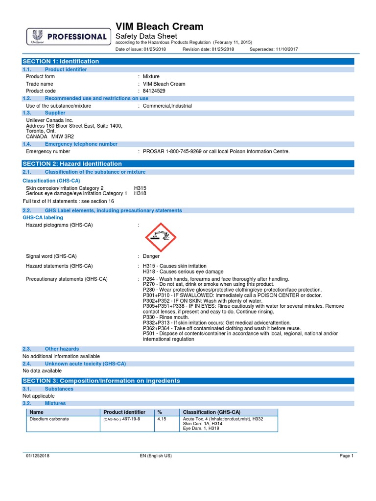 VIM Bleach Cream: Safety Data Sheet | PDF | Firefighting | Toxicity