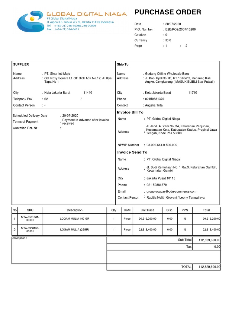 Purchase Order for Precious Metals between PT Sinar Inti Maju and PT ...
