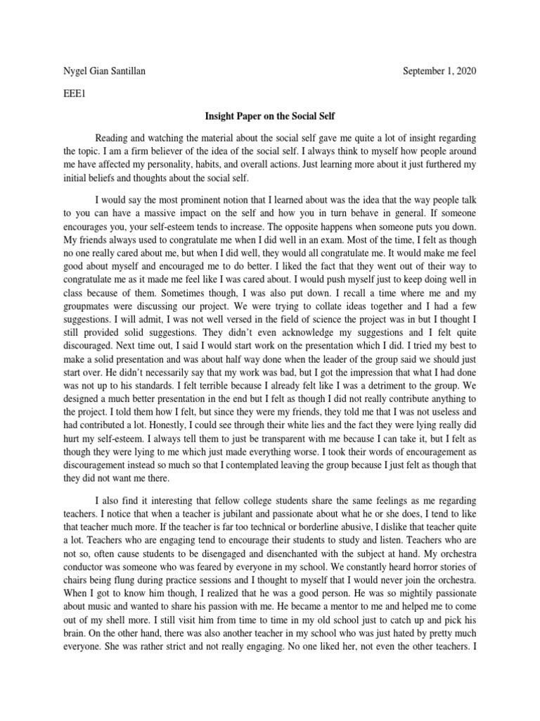 Nygel Santillan Insight Paper On The Social Self | PDF | Self Esteem | Psychological Concepts