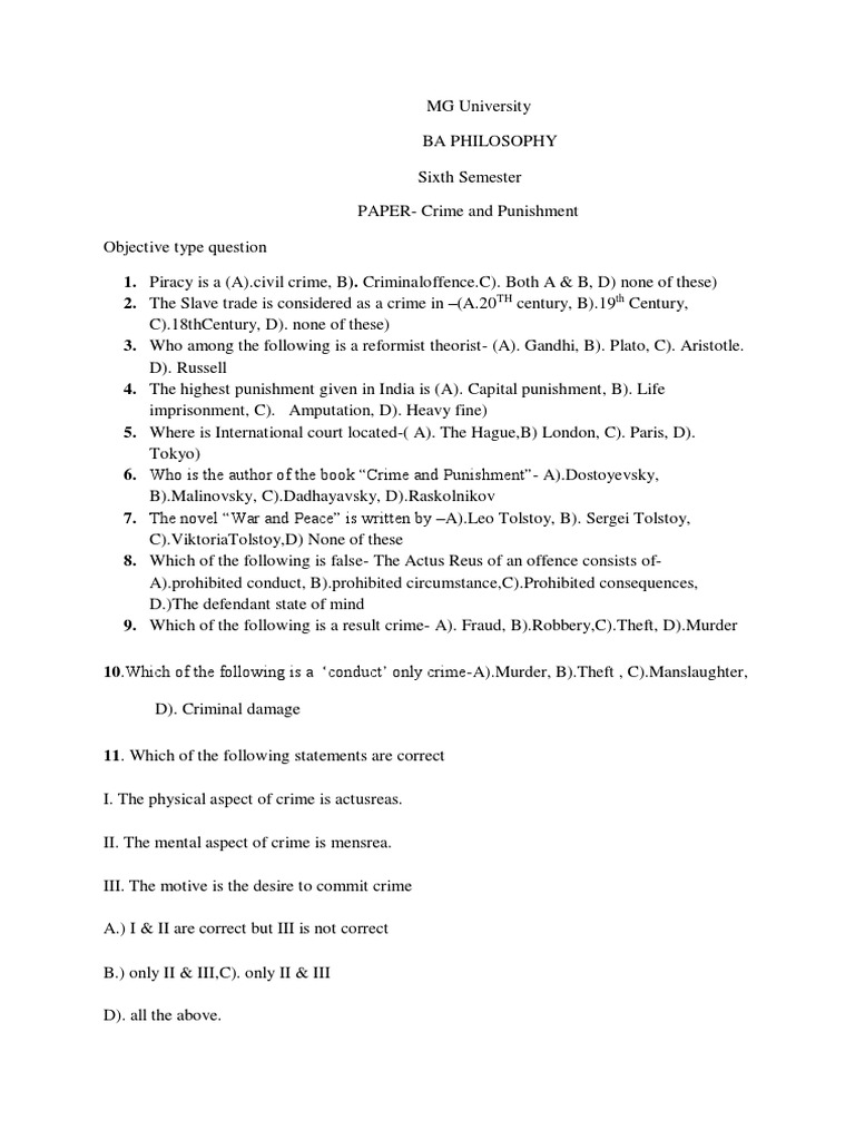 An Analysis of Crime and Punishment: Objective Type Questions from a ...