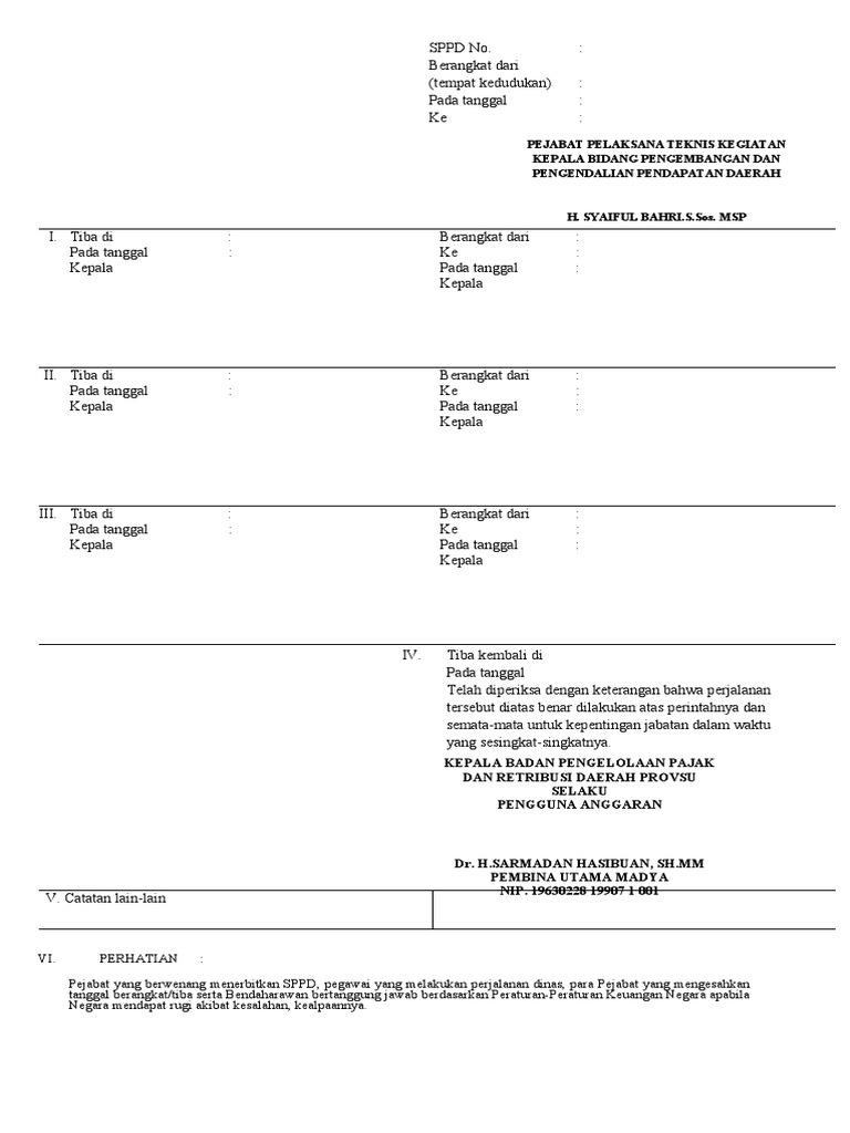 Contoh Blanko SPPD Format Baru (Belakang) | PDF