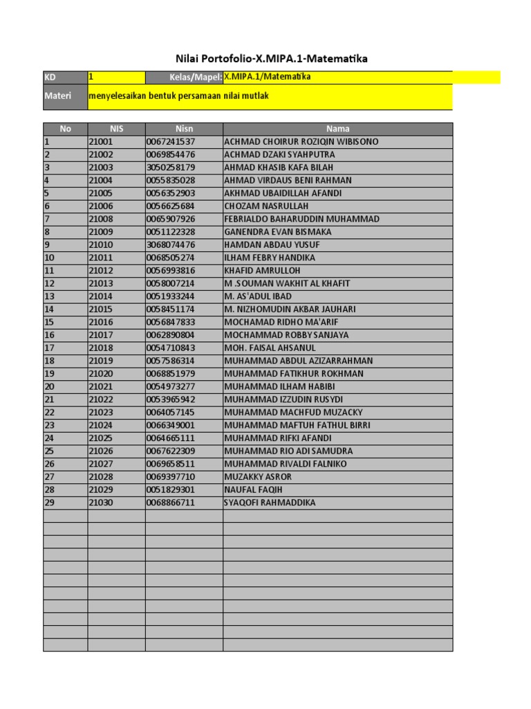 Nilai Portofolio-X.MIPA.1-Matematika | PDF