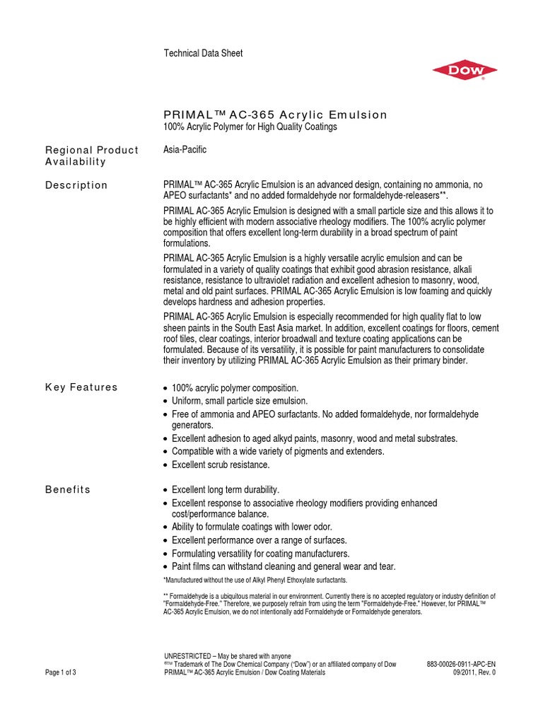 PRIMAL™ AC-365 Acrylic Emulsion: Regional Product Availability ...