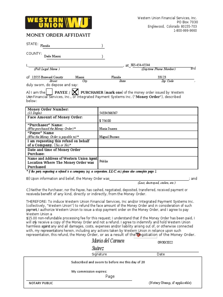 3western Union Affidavit | PDF | Notary Public | Money Order