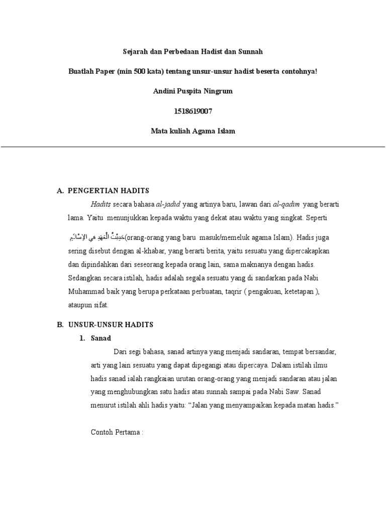 Andini Puspita Ningrum - 1518619007 - Tugas PAI Sunnah Sebagai Basic Mental Profesional | PDF