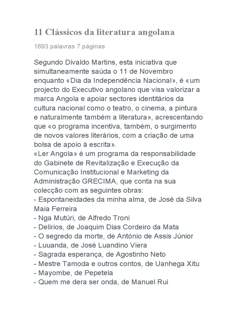 Clássicos Da Literatura Angolana | PDF