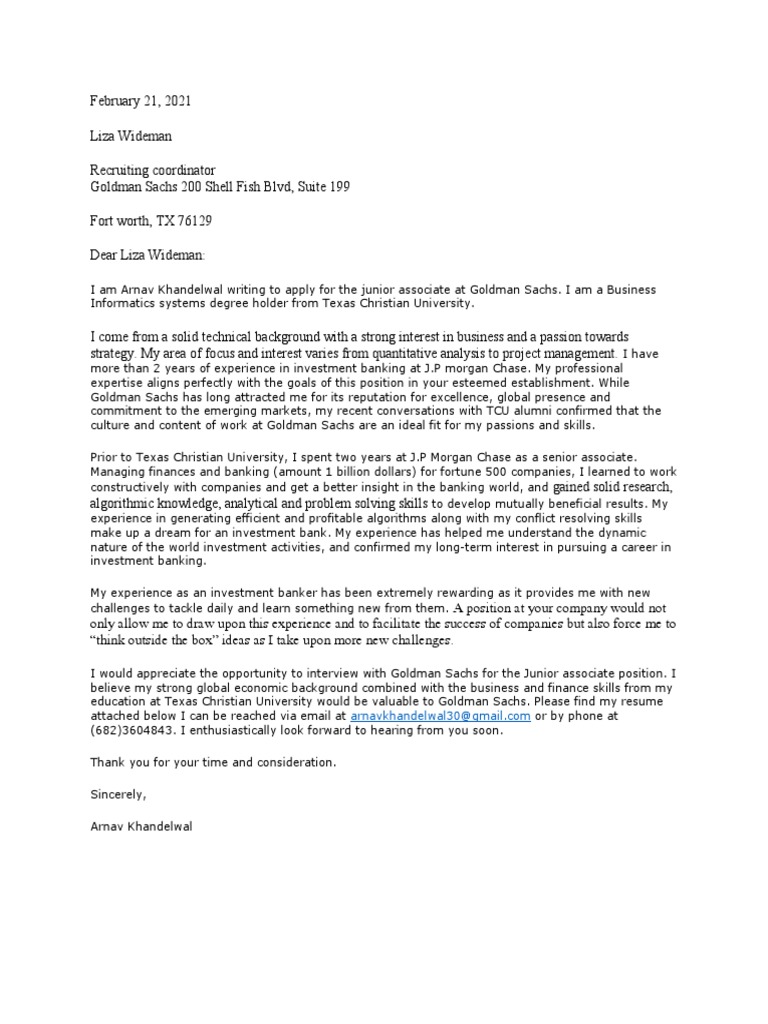 Cover Letter PDF Investment Banking Goldman Sachs