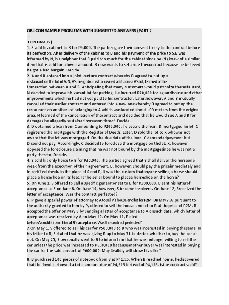 Oblicon Sample Problems With Suggested Answers | PDF | Annulment | Loans