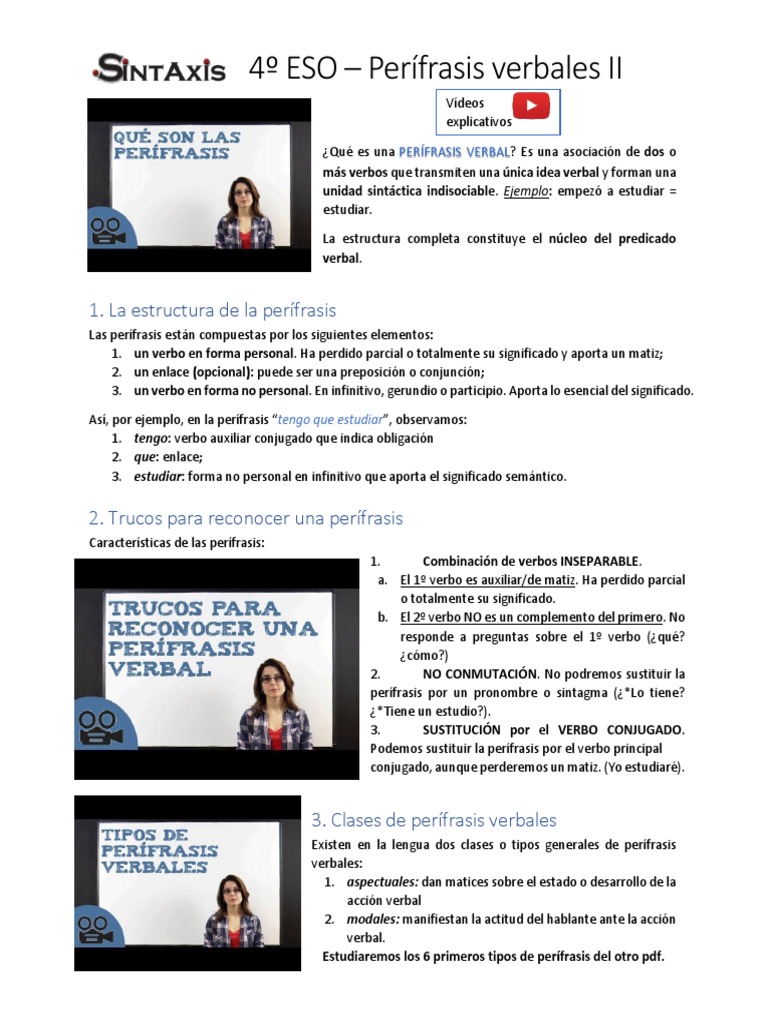 4º ESO Sintaxis - O Simple - Perífrasis Vídeos | PDF | Verbo | Semántica