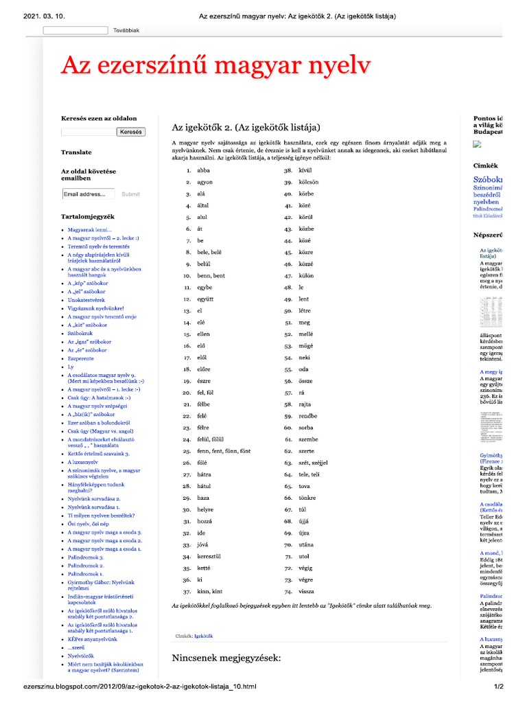 Az Ezerszínű Magyar Nyelv - Az Igekötők 2. (Az Igekötők Listája) | PDF