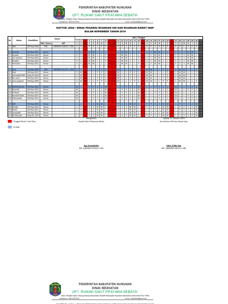 December 2019 Duty Roster for Emergency Room and Inpatient Ward Staff ...
