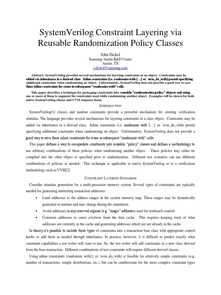Systemverilog Constraint Layering Via Reusable Randomization Policy Classes Pdf Inheritance 1572