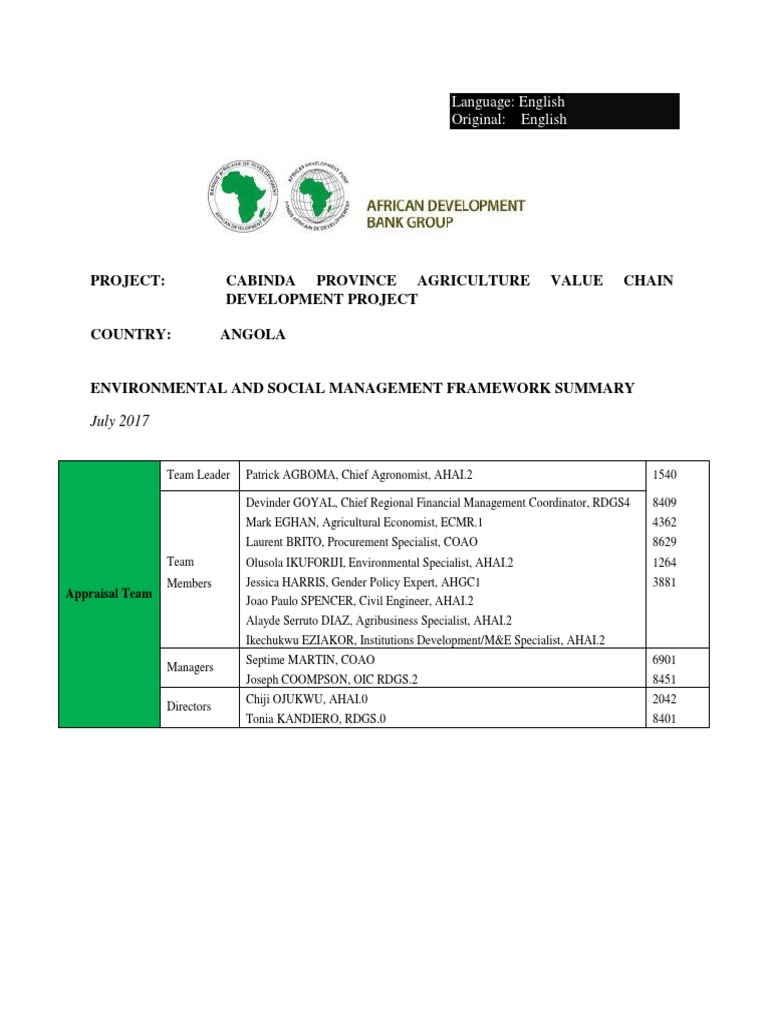 Angola - Cabinda Province Agriculture Value Chain Development Project - ESMF Summary | PDF ...