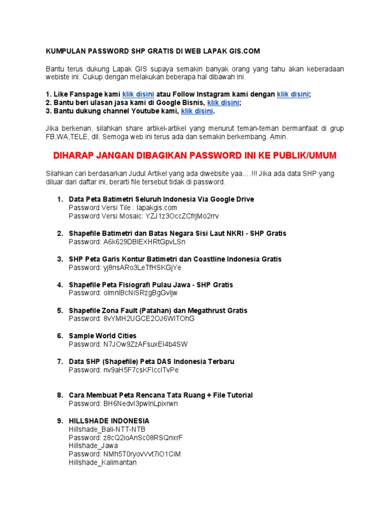 Kumpulan Password SHP Gratis Di Web Lapak Gis | PDF